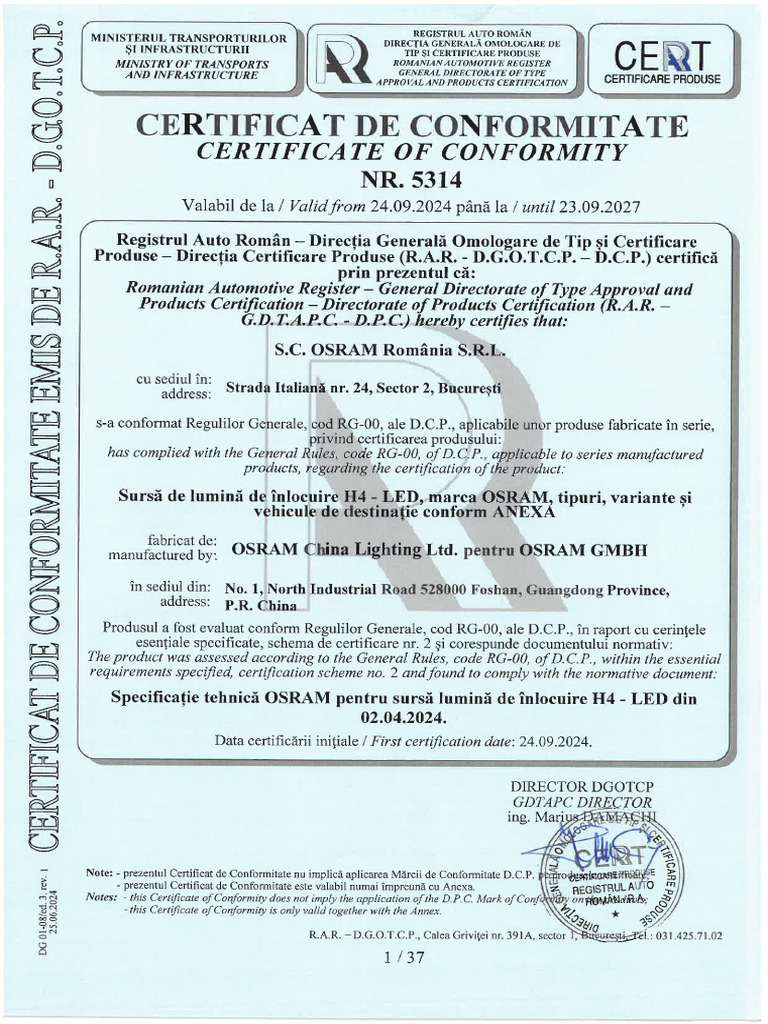 NB LED Certificate H4 For Romania | PDF