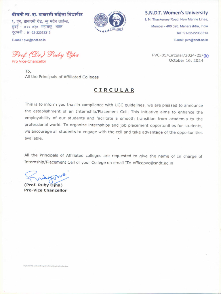 Circular Name of Coordinator of Internship Placement Cell Affiliated ...