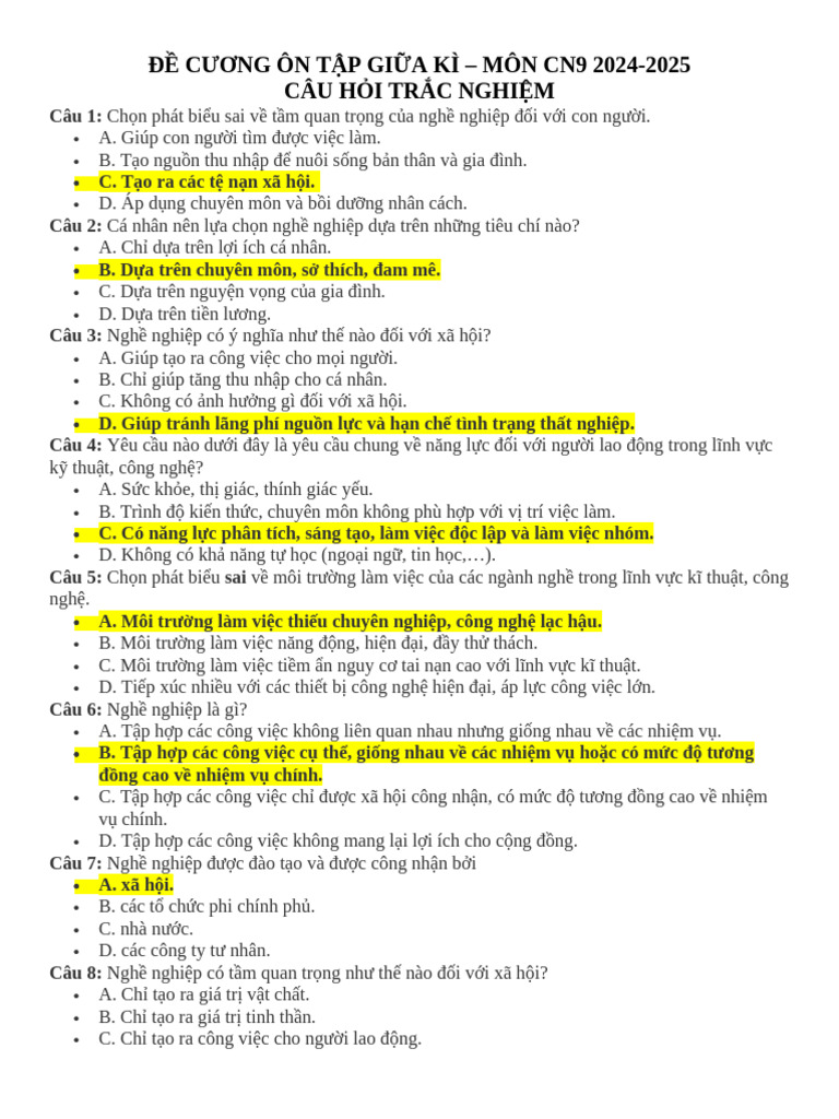 ĐỀ CƯƠNG ÔN TẬP GIỮA KÌ 1 CN9 | PDF