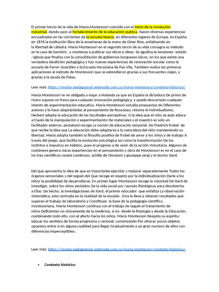 El Primer Tercio de La Vida de María Montessori Coincide Con El Inicio ...
