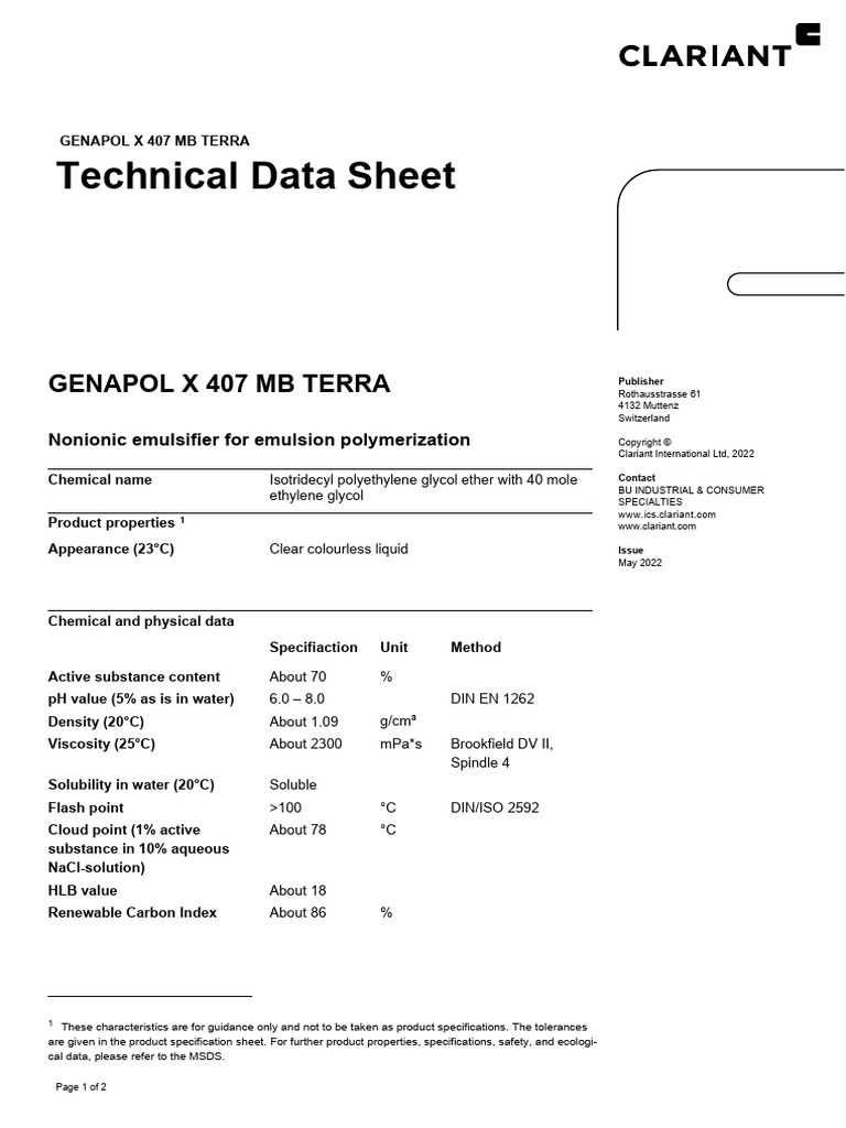 TDS Genapol X 407 Terra English | PDF | Emulsion | Shelf Life