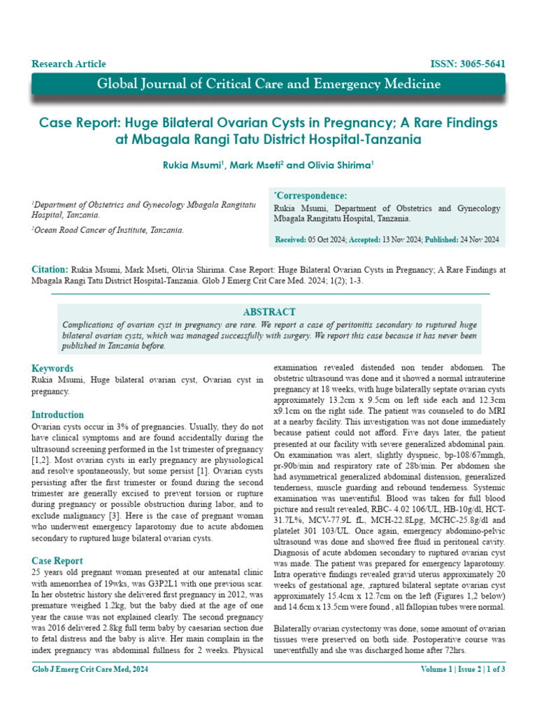 Case Report: Huge Bilateral Ovarian Cysts in Pregnancy A Rare Findings at Mbagala Rangi Tatu ...