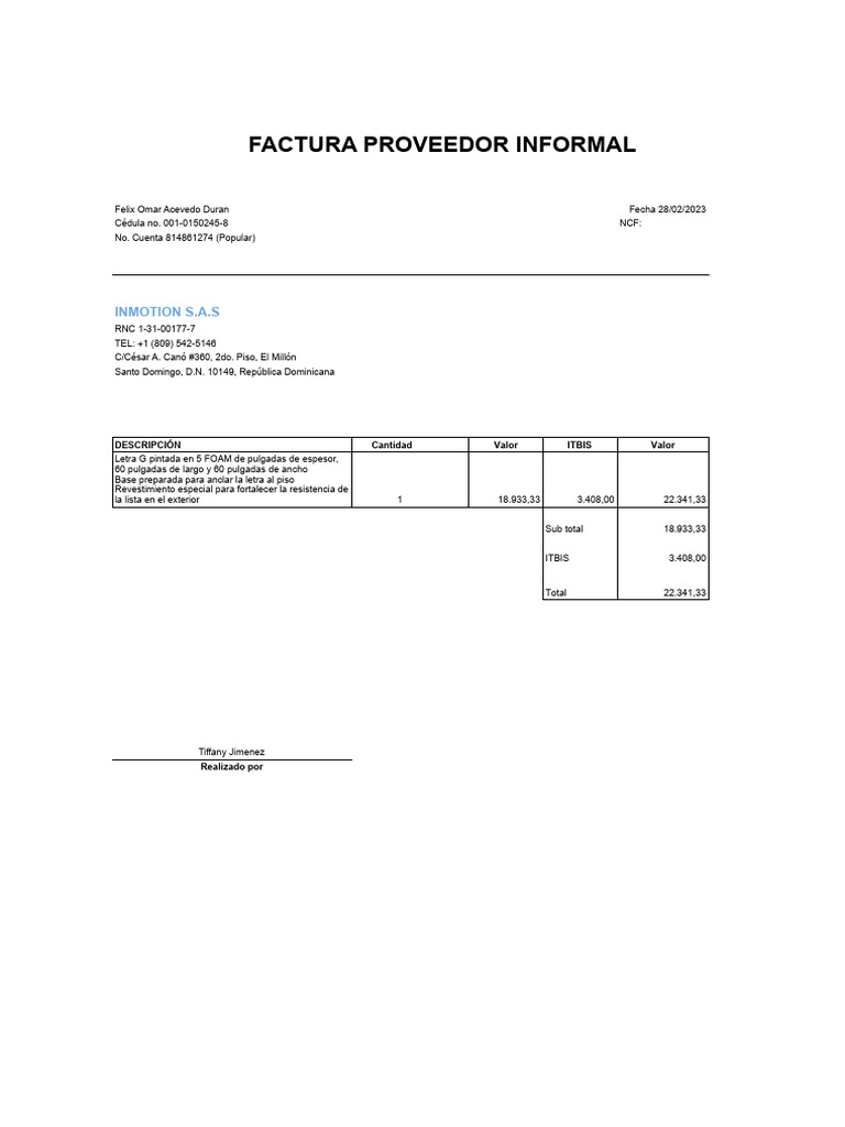 Factura de Proveedor Informal Felix Acevedo 2 - Hoja 1 | PDF