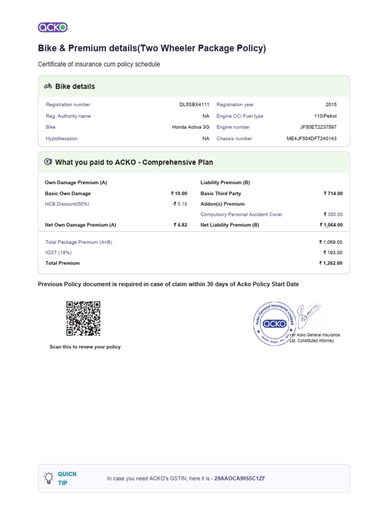 Bike & Premium Details (Two Wheeler Package Policy) | PDF