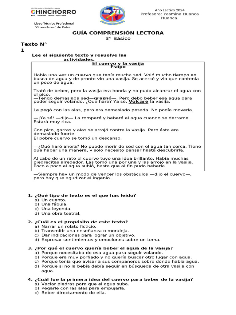 Guía Comprensión Lectora 3° Básico | PDF