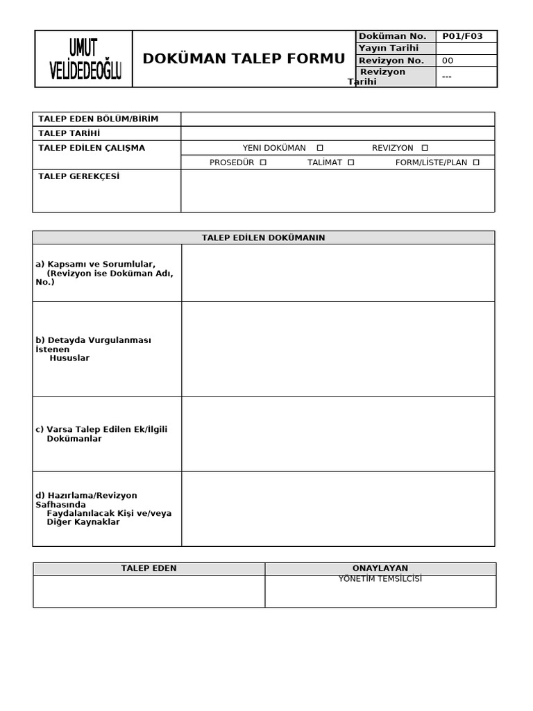 P01-F03 Dokuman Talep Formu | PDF