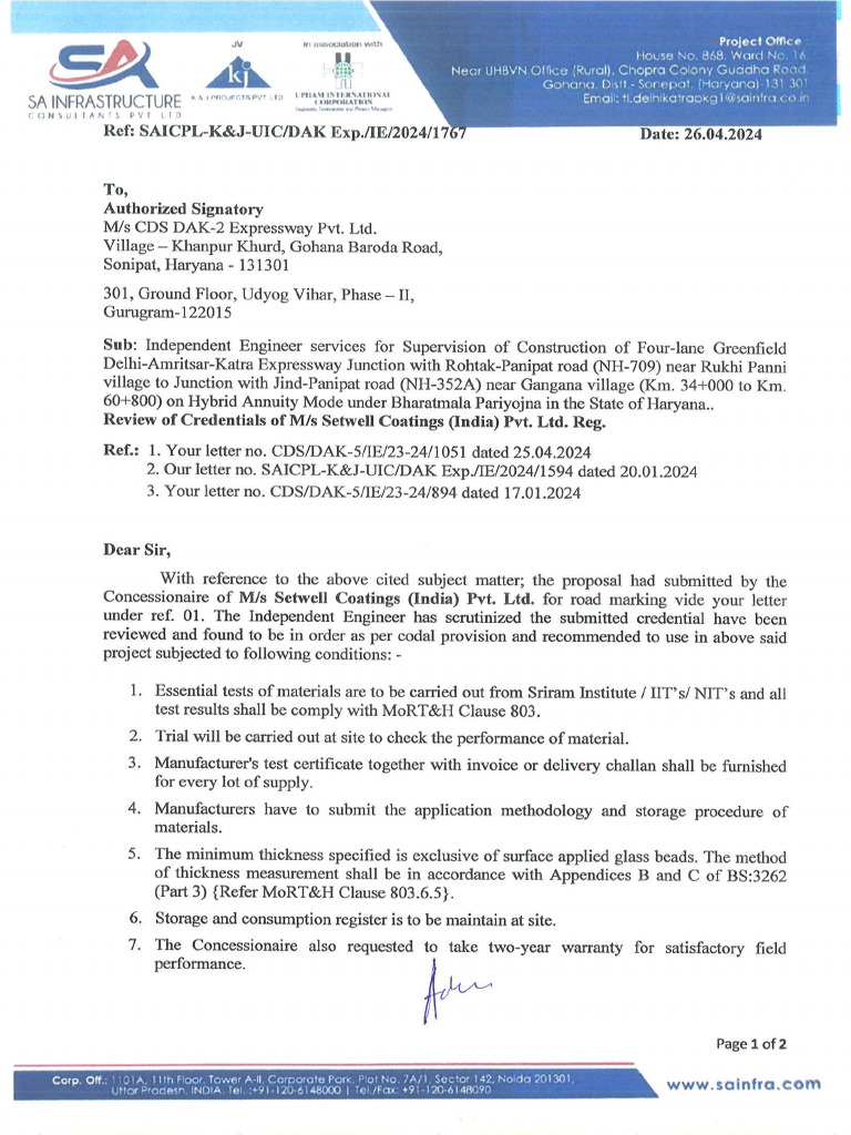 IE's Letter No 1767 Date 26.04.2024 Setwell Coatings | PDF