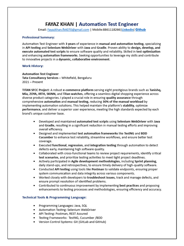 FAYAZKHANGeneric Resume | PDF | Selenium (Software) | Software Testing