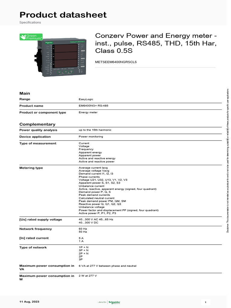 EasyLogic EM6400NG Energy Meter Specs | PDF | Ac Power | Alternating ...