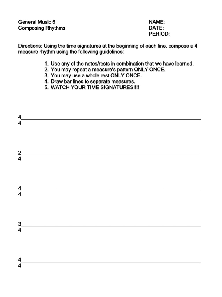 Music6 - Composing Rhythms Worksheet | PDF