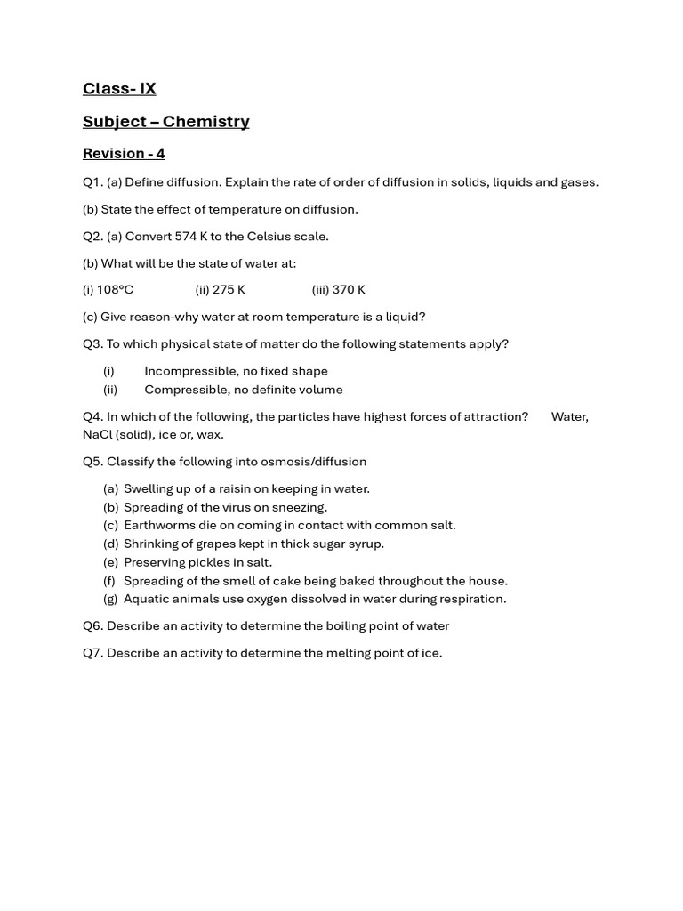 Diffusion Concepts for Class 9 Chemistry | PDF