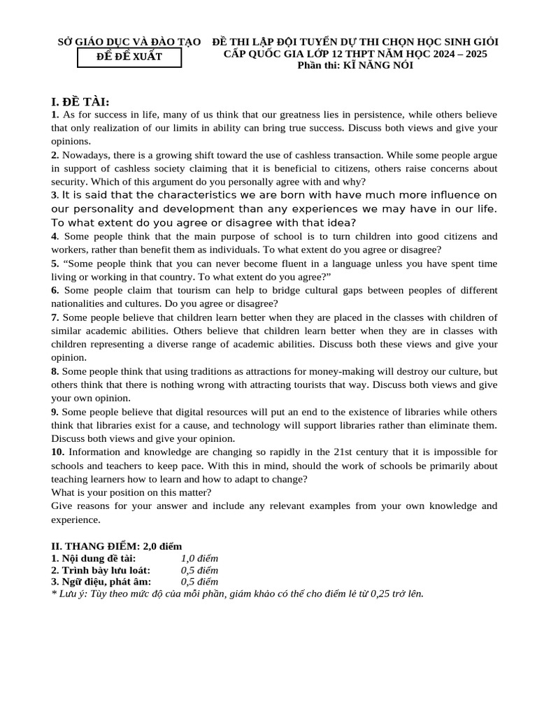 1.3. ĐỀ NÓI LĐT 2024-2025 | PDF | Liberal Arts Education | Cognition