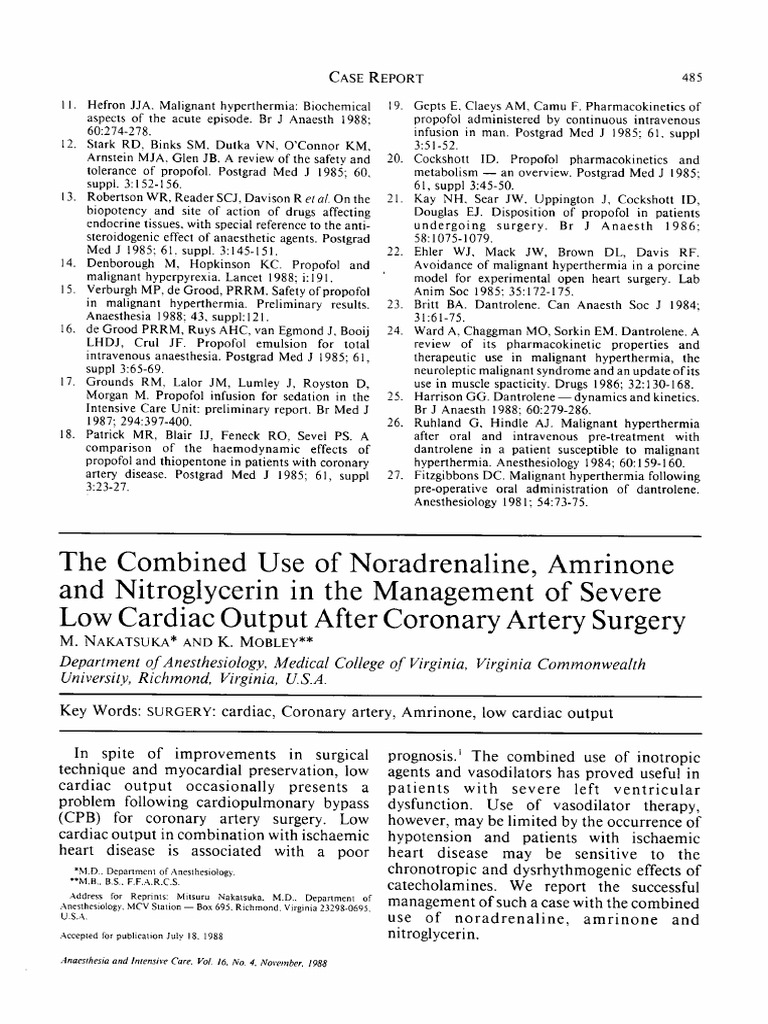 Nakatsuka Mobley 1988 The Combined Use of Noradrenaline Amrinone and ...