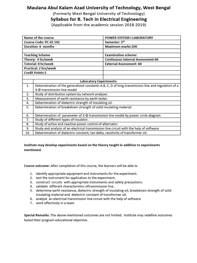 B.Tech Power System Lab Syllabus | PDF | Transmission Line | Experiment