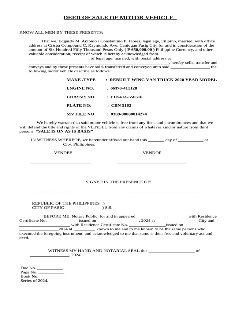 Deed of Sale of Motor Vehicles - Blank | PDF | Common Law | Natural ...