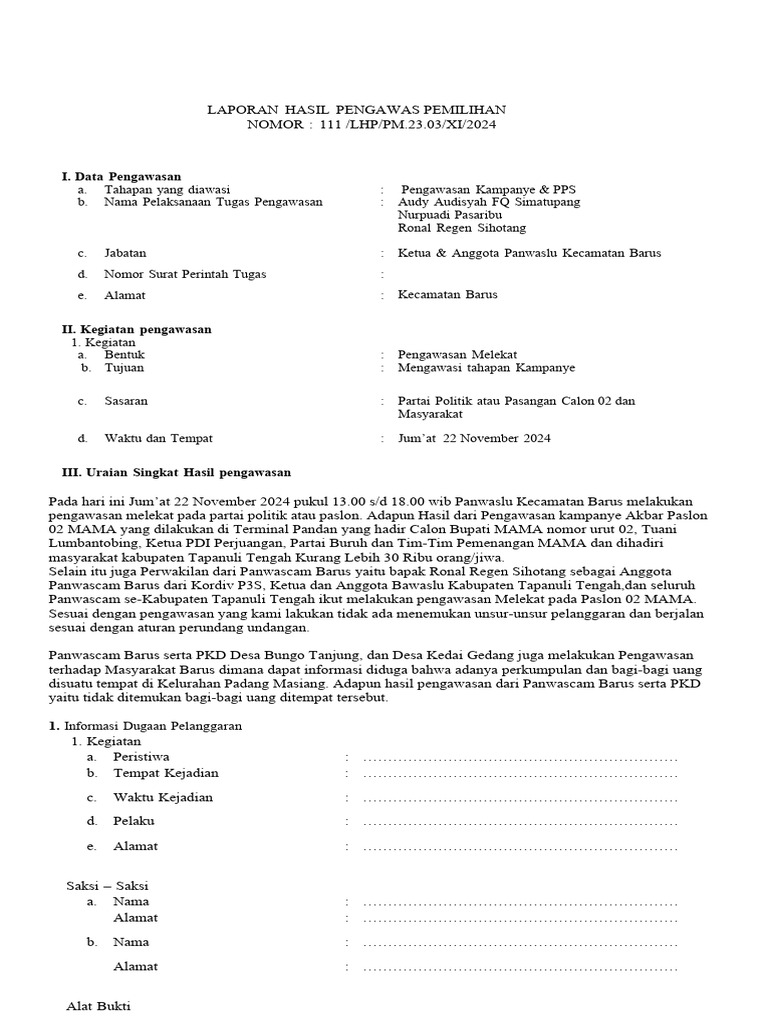 LHP Kecamatan Barus Tanggal 22 November 2024 | PDF