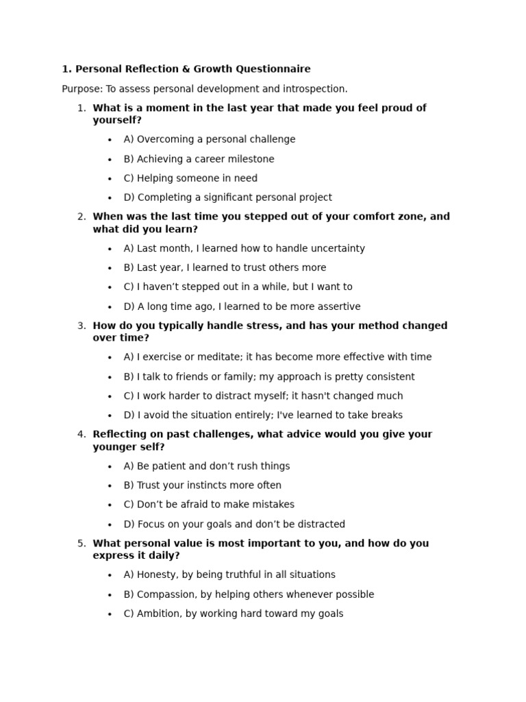 Personal Reflection & Growth Questionnaire | PDF | Happiness | Cognition