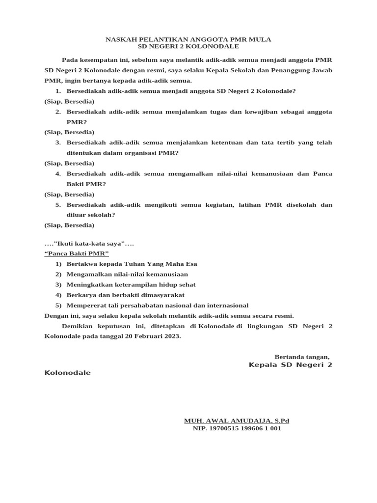 Naskah Pelantikan Anggota PMR Mula | PDF