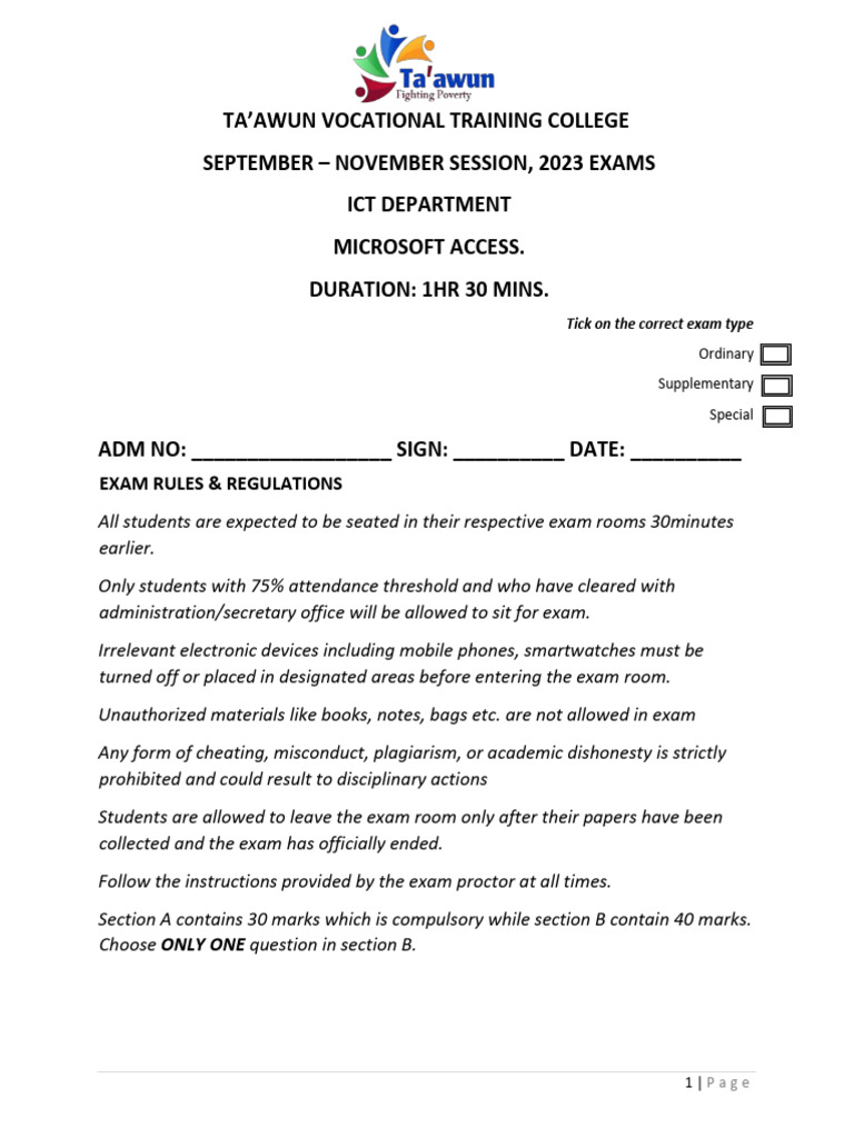 MS Access Final Exam Sept-Nov Session | PDF | Databases | Microsoft Access