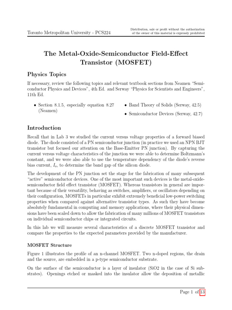 Lab 5 - The Metal Oxide Semiconductor Field Effect Transistor | PDF ...