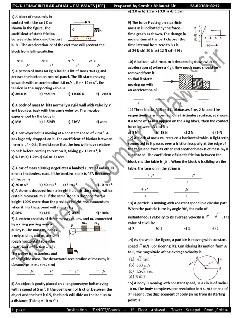Jts-3-Lom+friction +circular Motion+dual Nature + em Waves (Jee) | PDF | Force | Physics