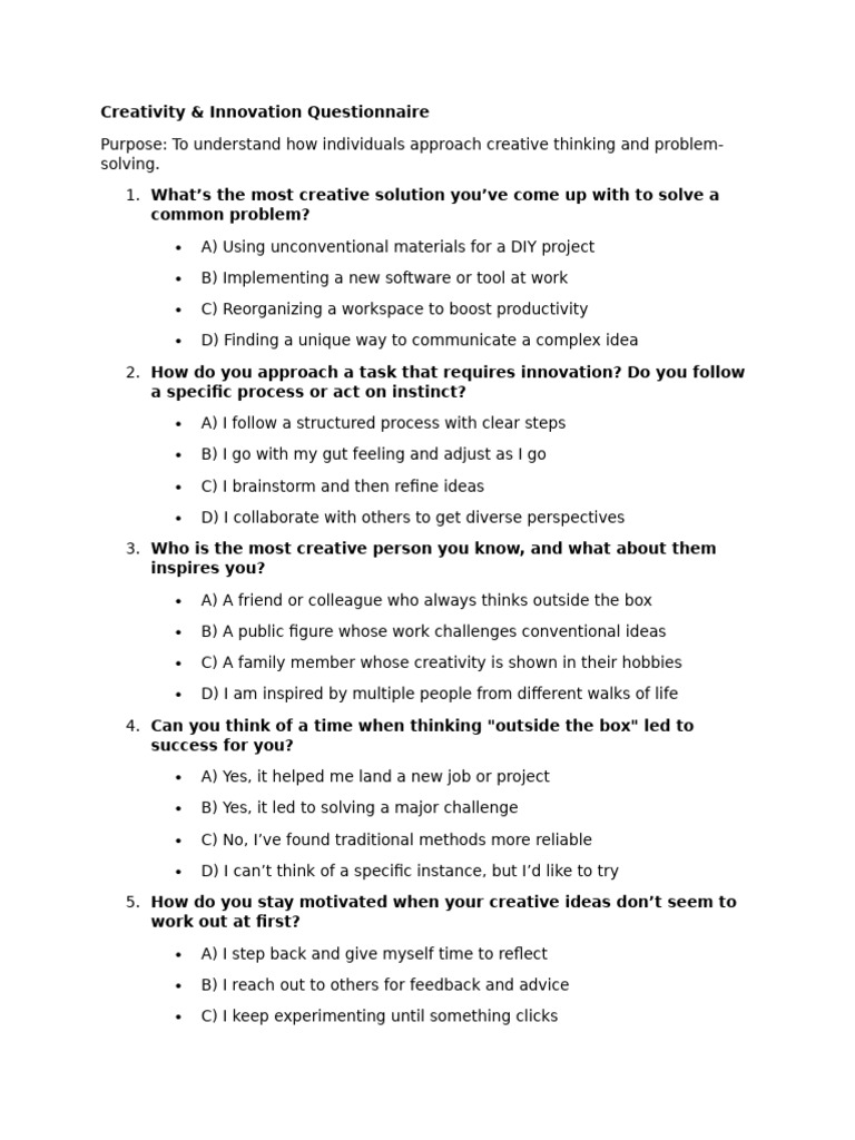 Creativity & Innovation Questionnaire | PDF | Creativity | Brainstorming