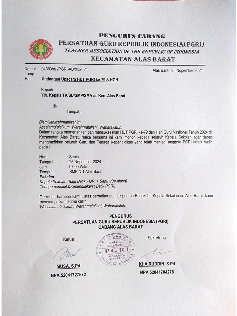 Undangan Upacara HUT PGRI Dan HGN 2024 | PDF