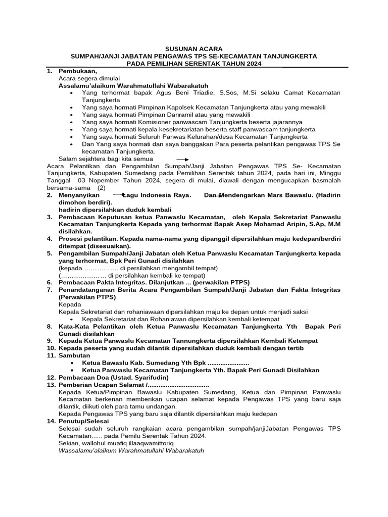 Susunan Acara Pelantikan PTPS | PDF