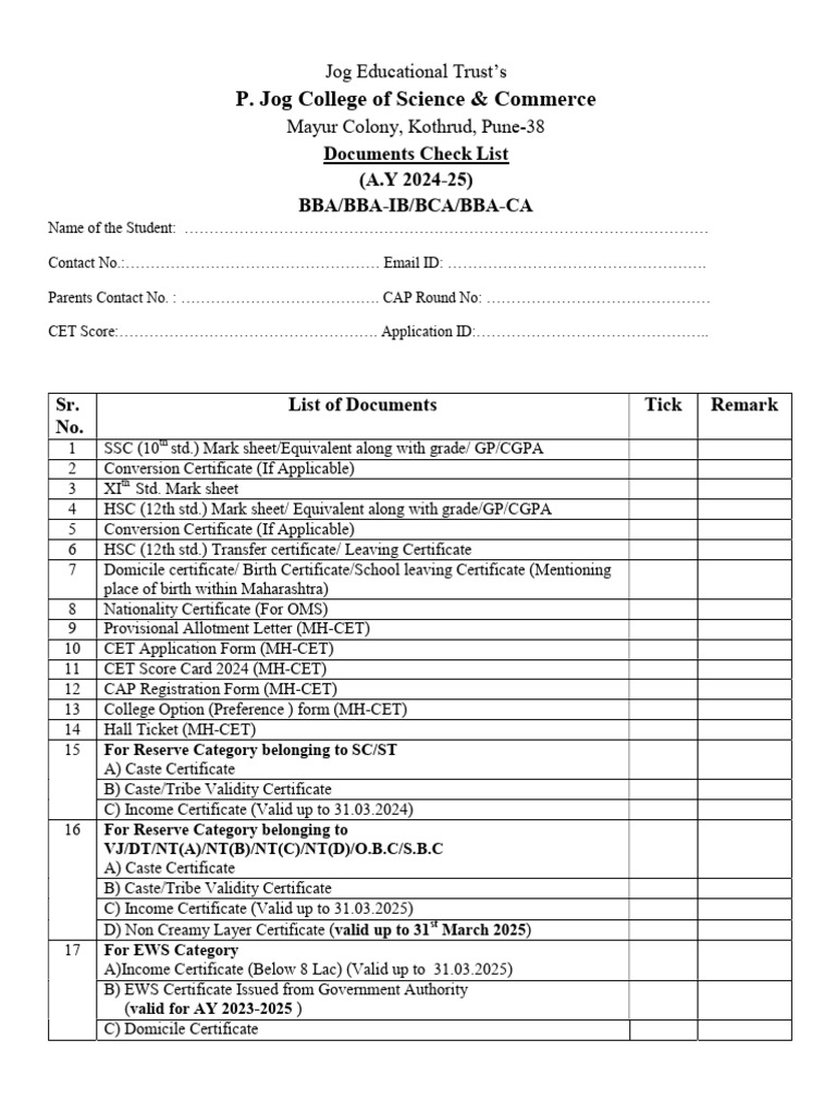 BBA/BCA Admission Document Checklist | PDF | Government And Personhood