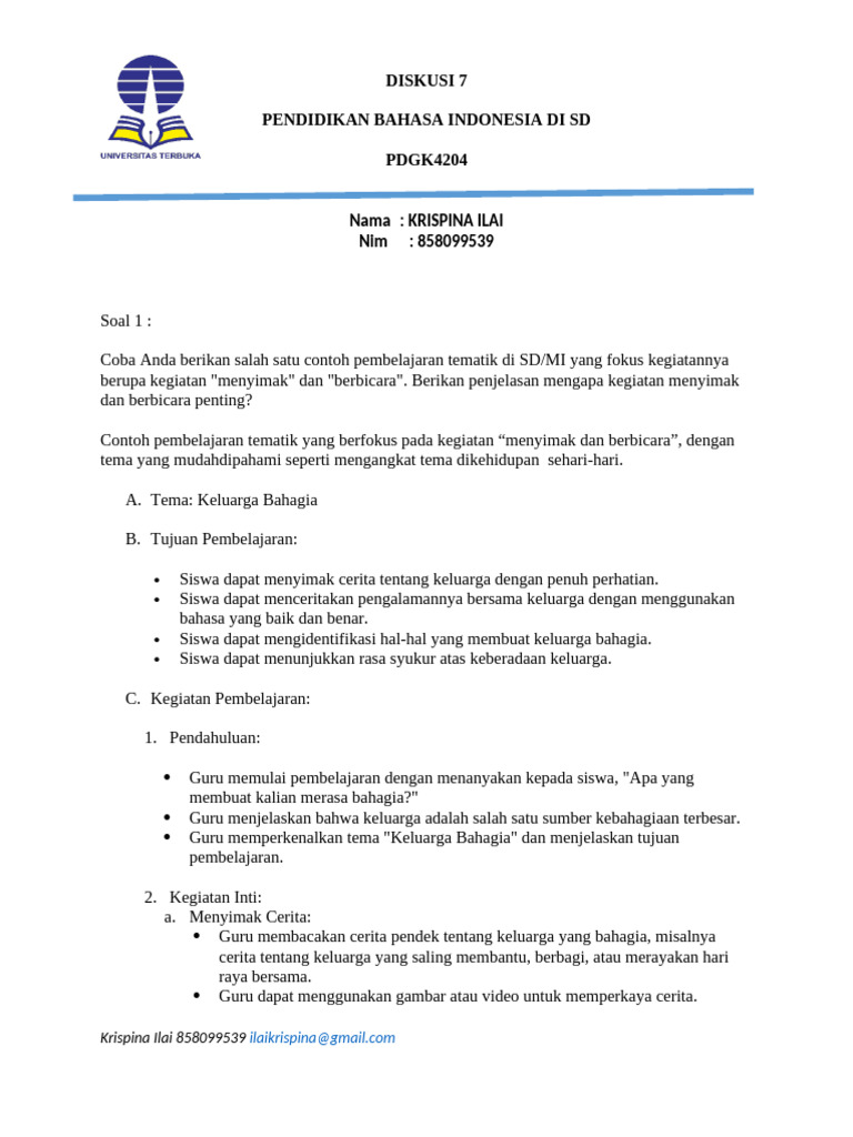 DISKUSI 7. Pendidikan Pembelajaran Bahasa Indonesia Di SD (Krispina ...
