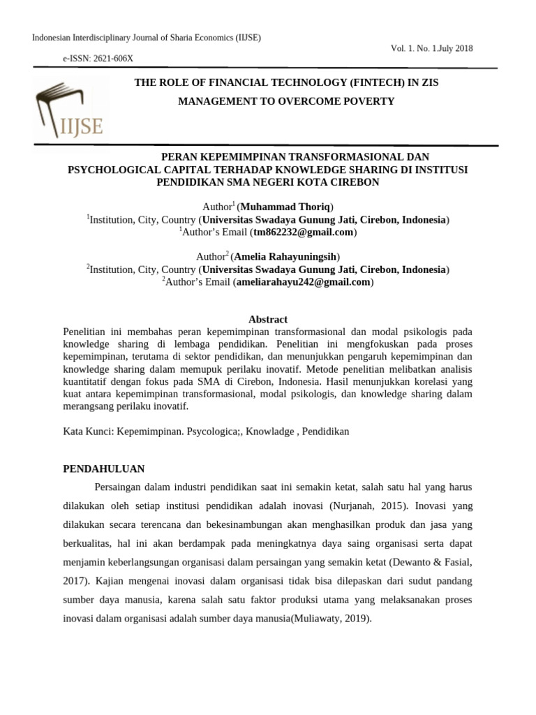 Peran Kepemimpinan Transformasional Dan Psychological Capital Terhadap Knowledge Sharing Di ...