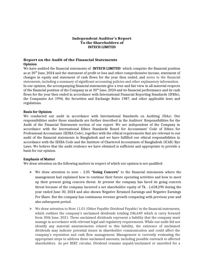 INTECH Limited 2024 Auditor's Report | PDF | Audit | Deferred Tax