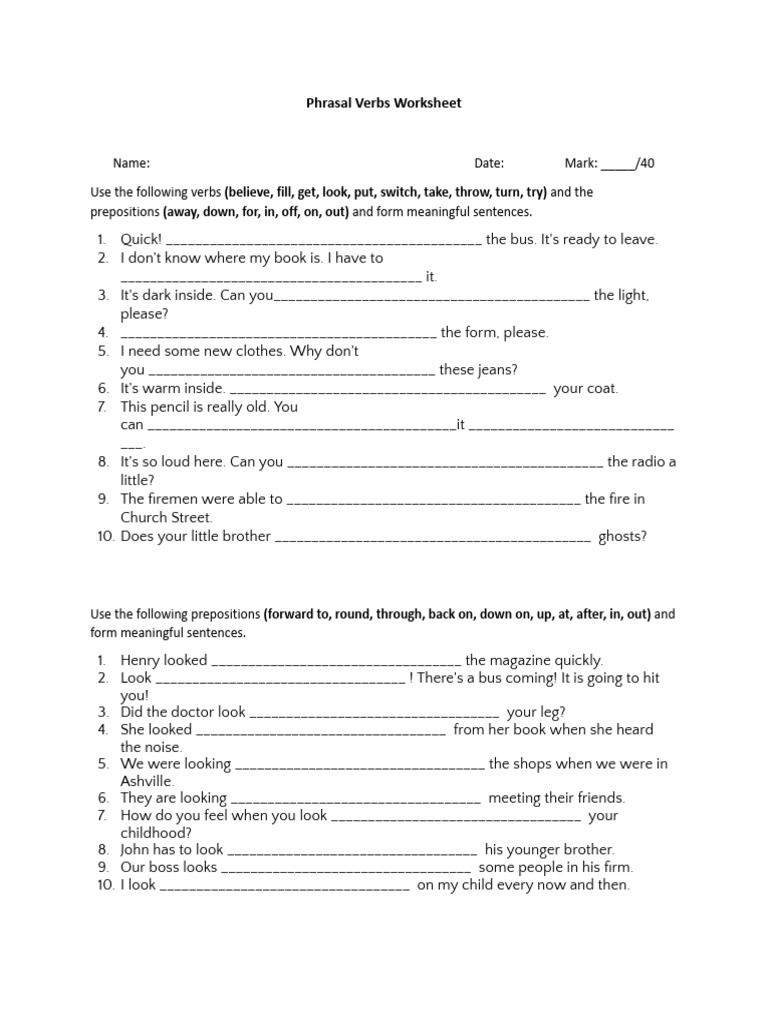 Phrasal Verbs Worksheet | PDF | Linguistic Typology | Linguistic Morphology