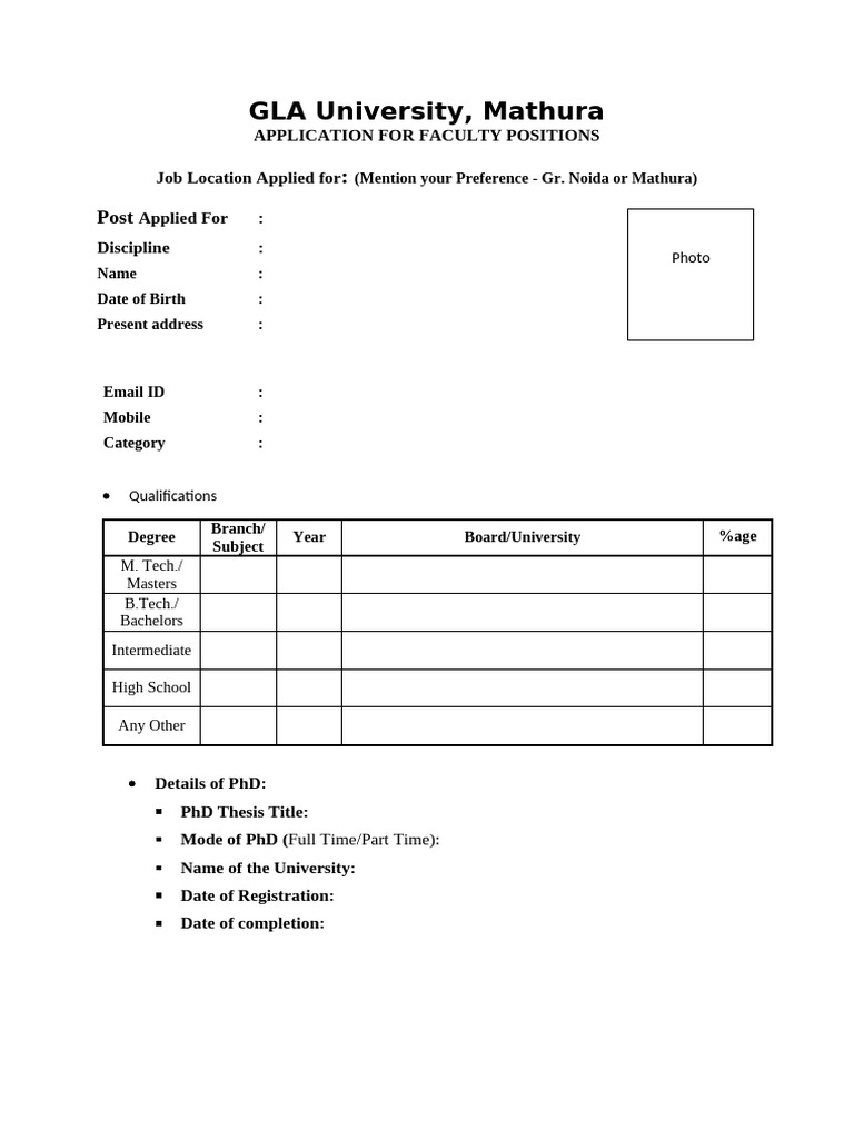 GLA University Faculty Application Form | PDF | Doctor Of Philosophy ...