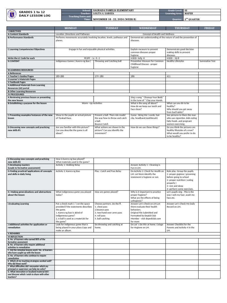 DLL_MAPEH 3_Q2_W8 | PDF | Learning | Hygiene