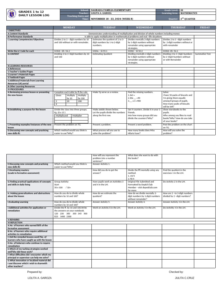 DLL - Mathematics 3 - Q2 - W8 | PDF | Learning | Cognitive Science
