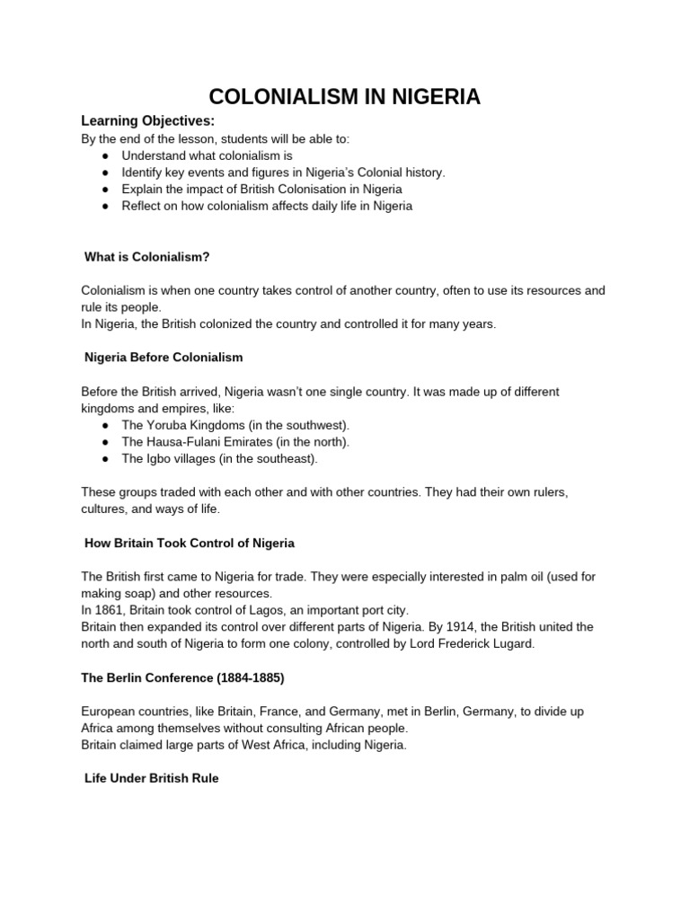 COLONIALISM IN NIGERIA Lesson Note | PDF | Nigeria | Africa