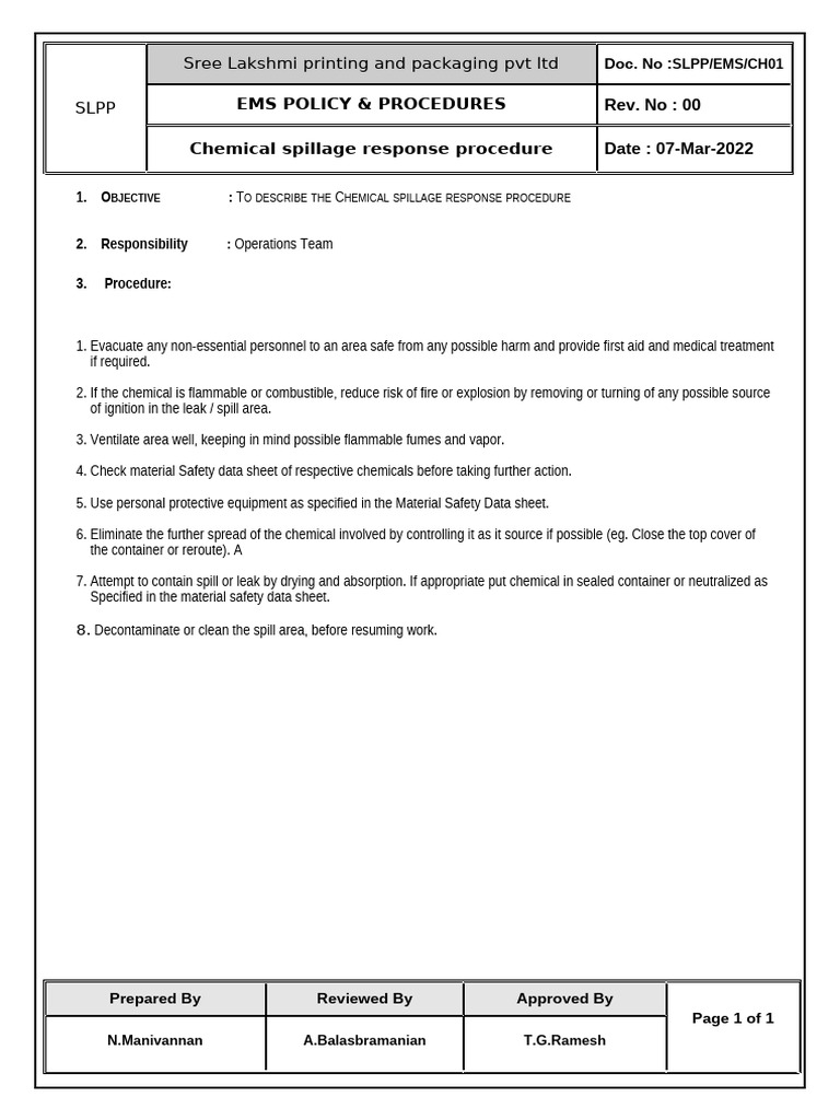 Chemical Spillage Response Procedure | PDF