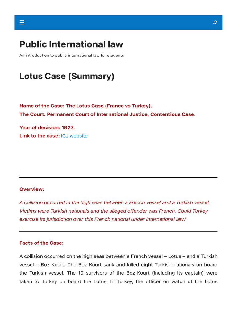 Lotus Case (Summary) - Public International Law | PDF | Jurisdiction ...
