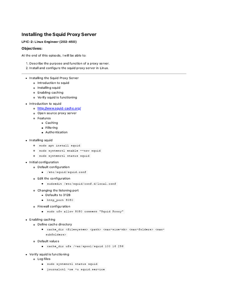 Lpi Lpic202450 2 5 1 Installing The Squid Proxy Server | PDF