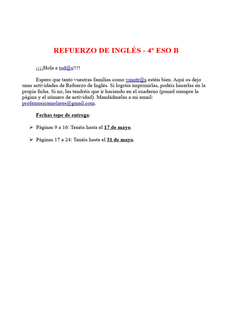 Tareas Refuerzo Ingles 1 | PDF