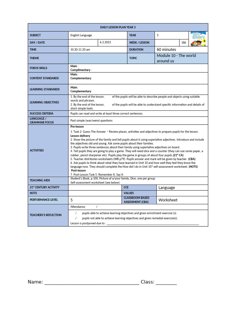 Daily Lesson Plan Year 3 186-190 | PDF | Lesson Plan | Teachers