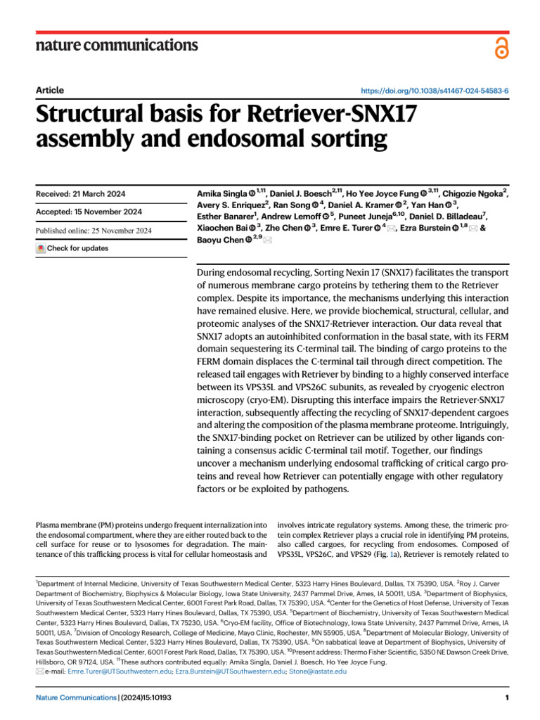 Structural Basis For Retriever-SNX17 Assembly and Endosomal Sorting | PDF | Protein–Protein ...