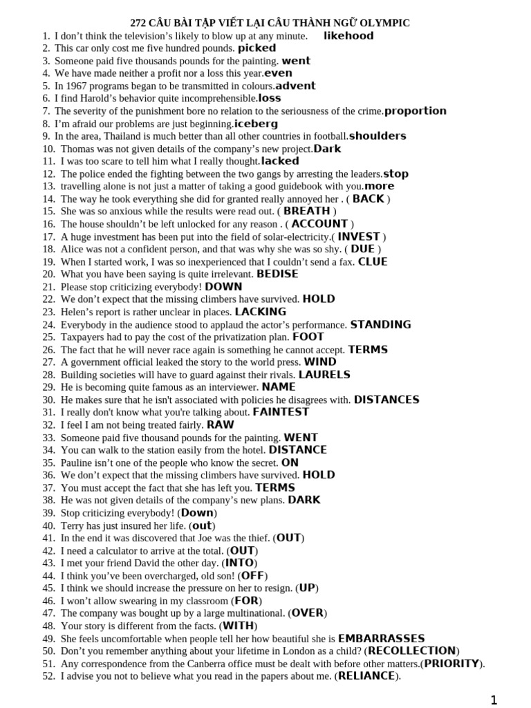 272 Cau - Bai-Tap-Viet-Lai-Cau-Dang-Thanh-Ngu-Olympic | PDF