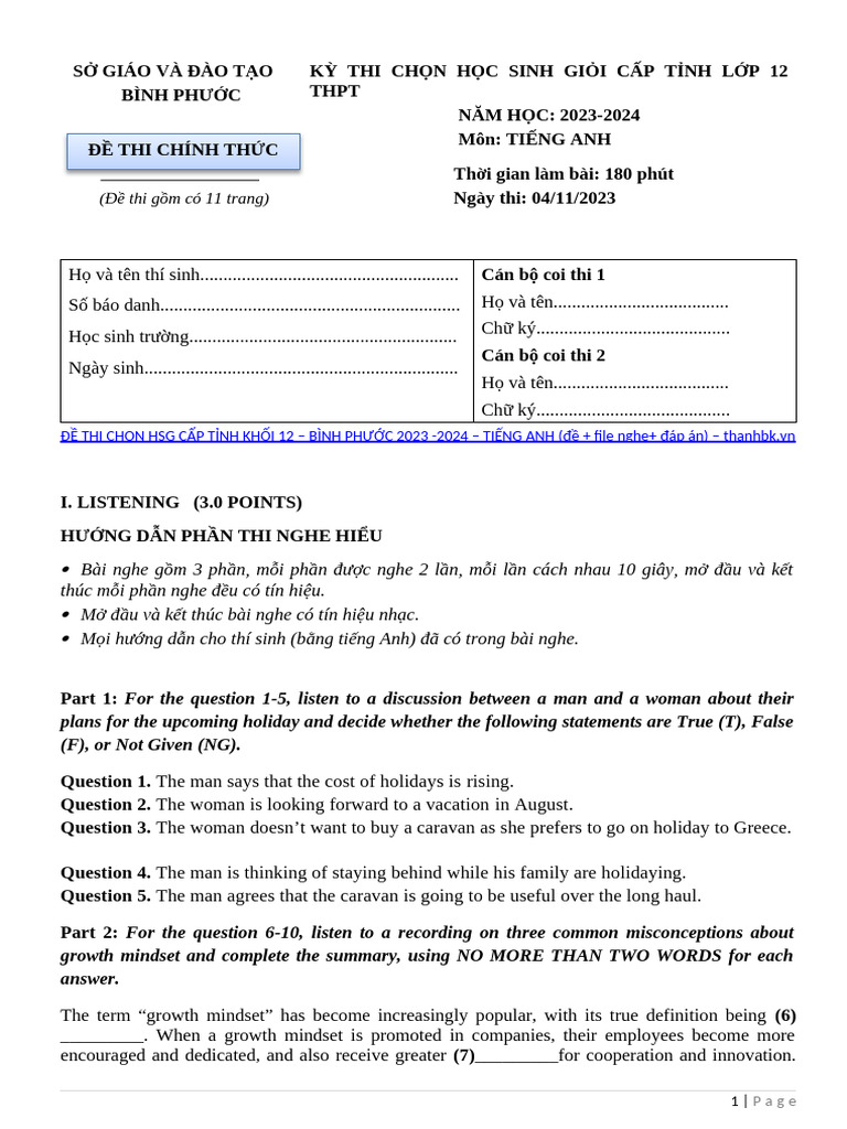 De Thi Chinh Thuc HSG Tinh Binh Phuoc 2023 2024 | PDF | Adverse Effect | Mindset