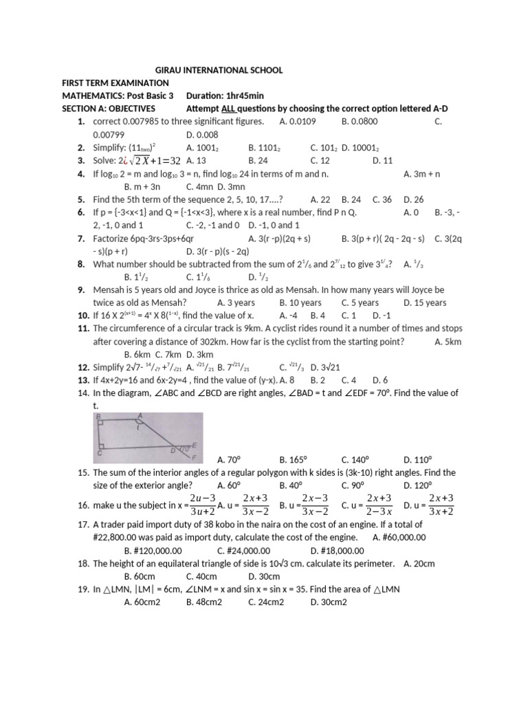Mathematics Exam: Post Basic 3 | PDF | Mathematics