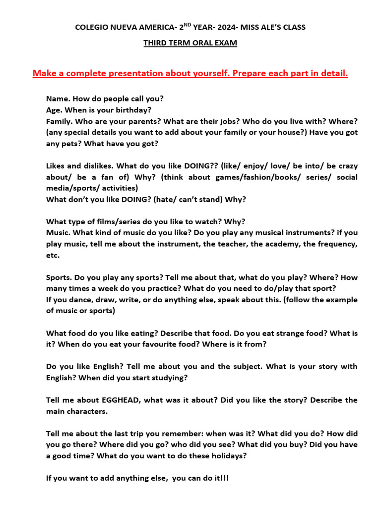 Questions For 2nd Year The Third Term Oral Exam 24 | PDF