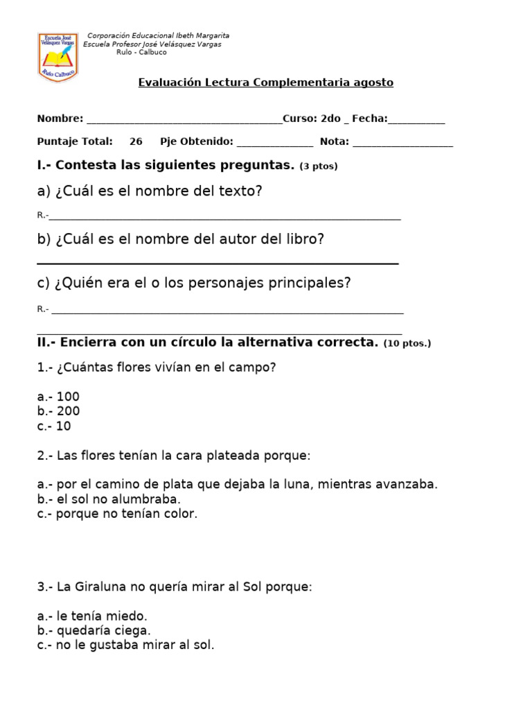 Prueba Plan Lector Segundo | PDF