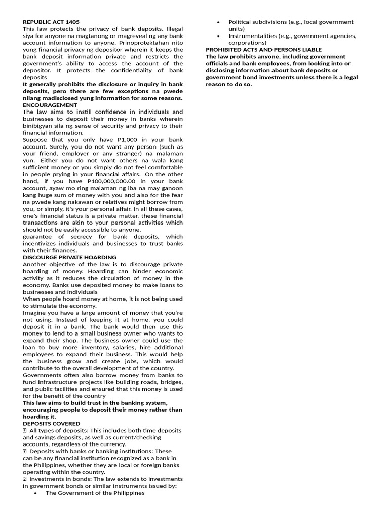 REPUBLIC ACT 1405 | PDF | Money | Banks
