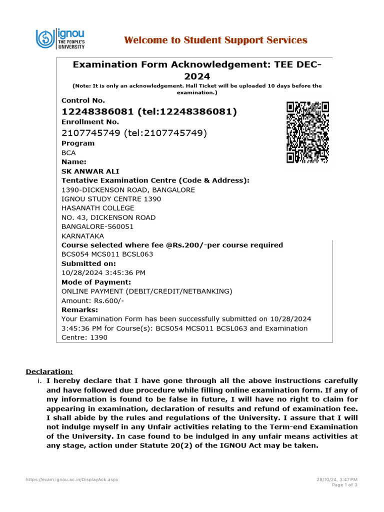 IGNOU Exam Form Acknowledgement | PDF